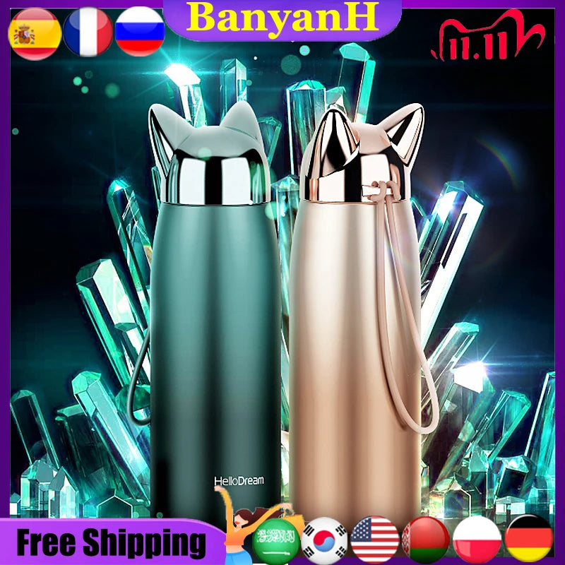 Stainless Steel Thermos with Cat Ears Design Thermocup Insulated Tumbl